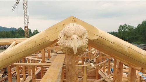 老外搭建木结构房子,房梁雕刻鹰,你被轰动到了吗?