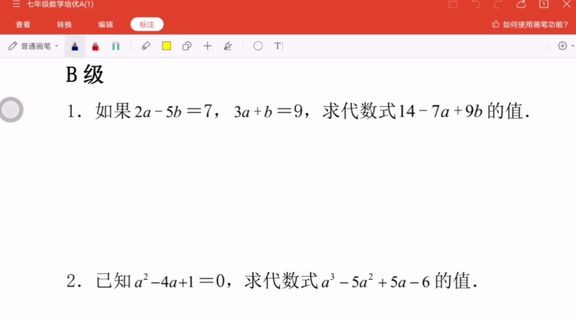 七年级上册数学2020级第十八讲整式---整体思想复习课B级题型