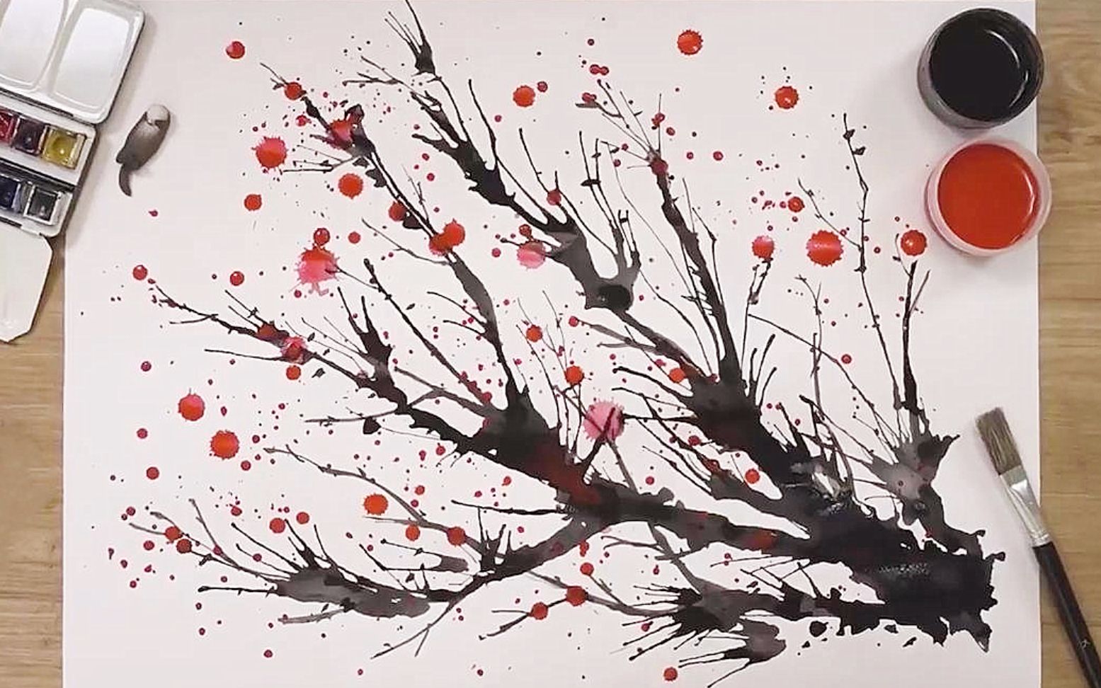 一个简单的绘画技巧,用吸管画一颗樱桃树!