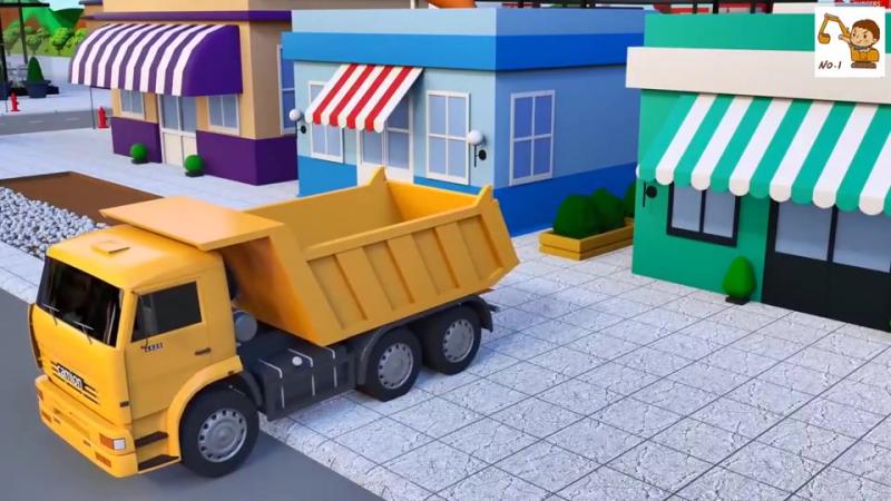 工程车动画片挖掘机、装载机、翻斗卡车帮助商业街修路