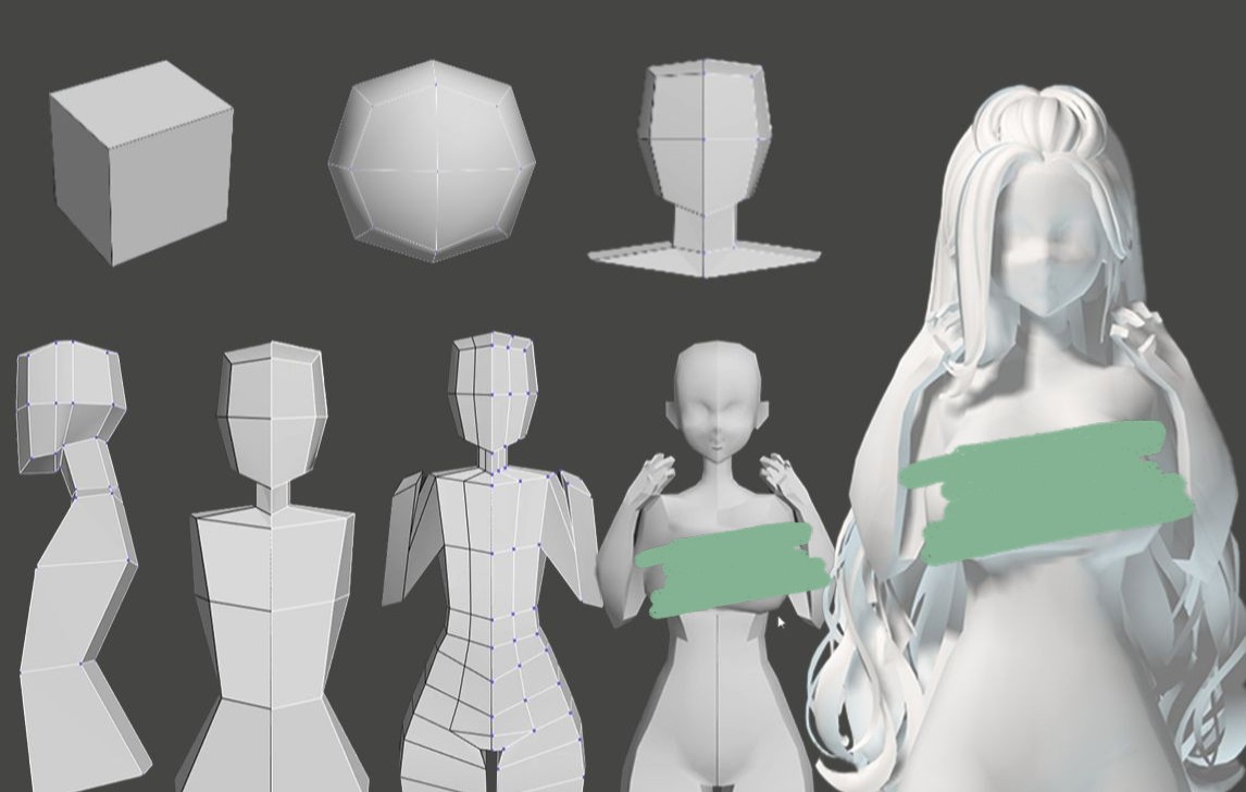 【3dmax角色建模】从box开始教你制作二次元女性角色模型,身体大型...