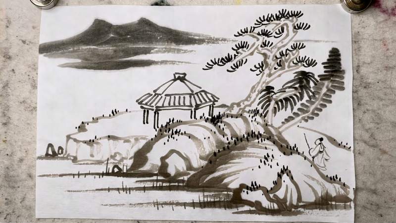 简单国画山水画教程,江边松亭图