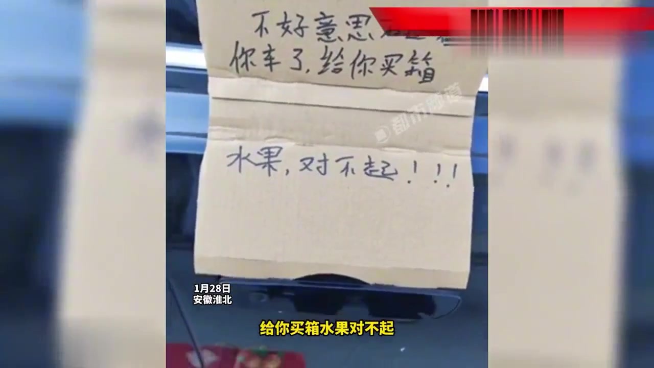 男子撞车后留纸条水果道歉,车主刚夸有礼貌,下一秒看到车头懵了