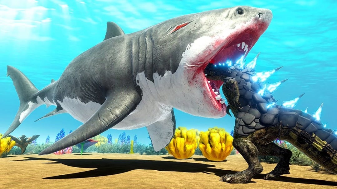动物模拟器:战力测试!变异巨齿鲨秒杀霸王龙,战力无敌!