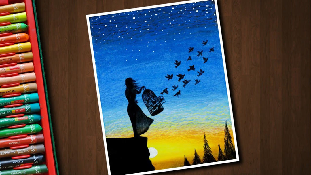 创意DIY:释放鸟用油画棒画的女孩