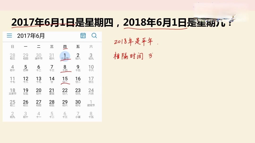 2017年6月1日是星期四,2018年6月1日是星期几?三年级作业难题