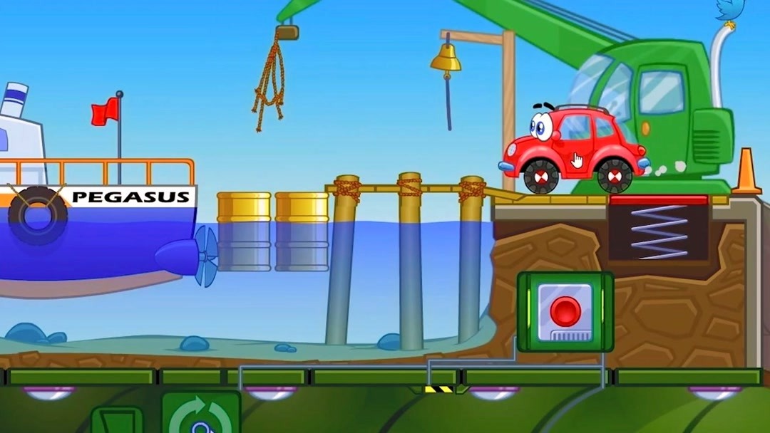 卡通汽车的冒险解迷:油桶浮在水面让汽车进入轮船