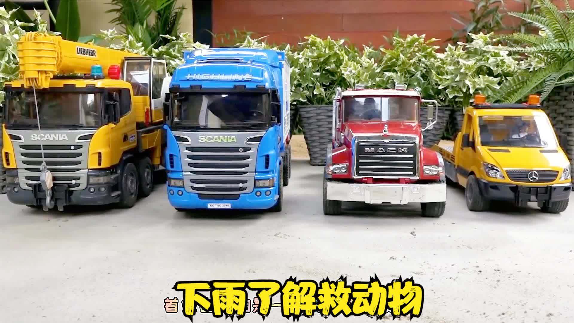 下雨了,小动物们淋着雨,吊车挂车和箱车帮助小动物们找了新家