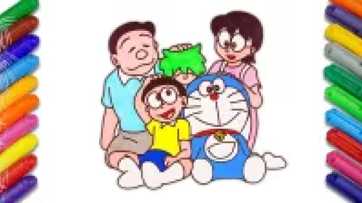 简笔画画哆啦A梦里大雄的一家,涂上颜色很漂亮,小朋友喜欢