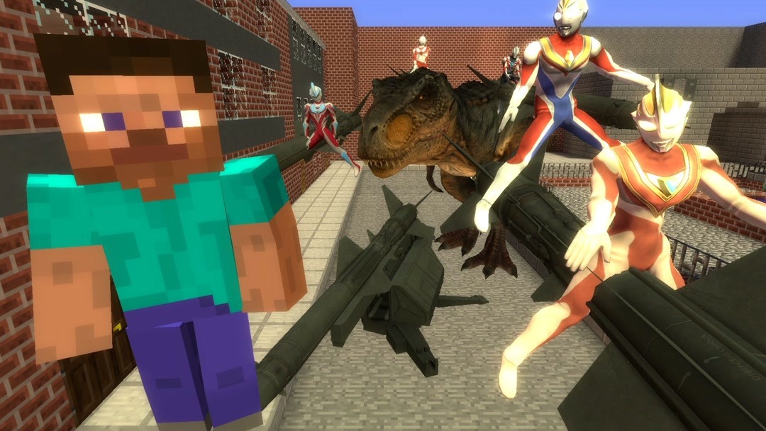 GMOD游戏五个奥特曼坐在导弹上对付三条恐龙