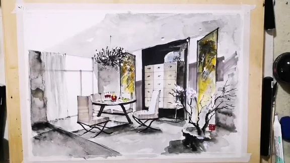 来一张室内设计手绘,学学大师快速带点水墨风,