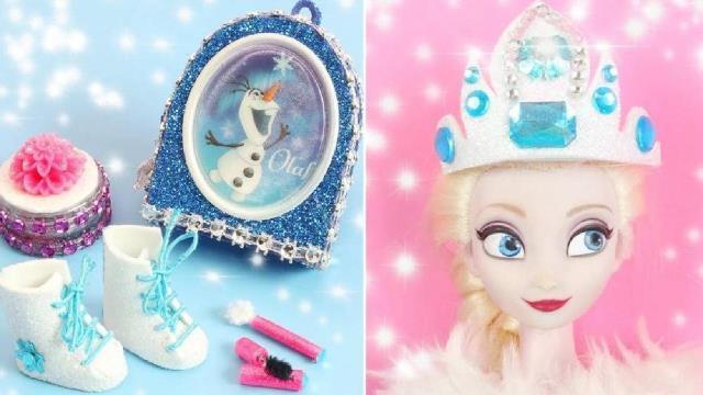 手工设计迪士尼公主生活小用品,艾莎公主亮闪闪的书包和白色靴子