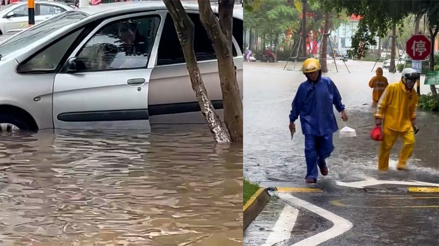 海口发布暴雨红色预警:外卖员趟水送餐,司机积水中开门进退两难