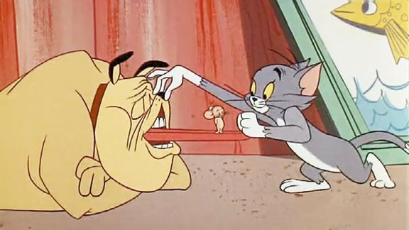 猫和老鼠:汤姆追赶杰瑞,杰瑞躲到狗嘴里,汤姆把狗舌头拽出来了
