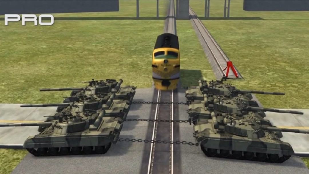 BeamNG：菜鸟vs高手vs黑客，火车头冲向六辆坦克，拟真车祸模拟