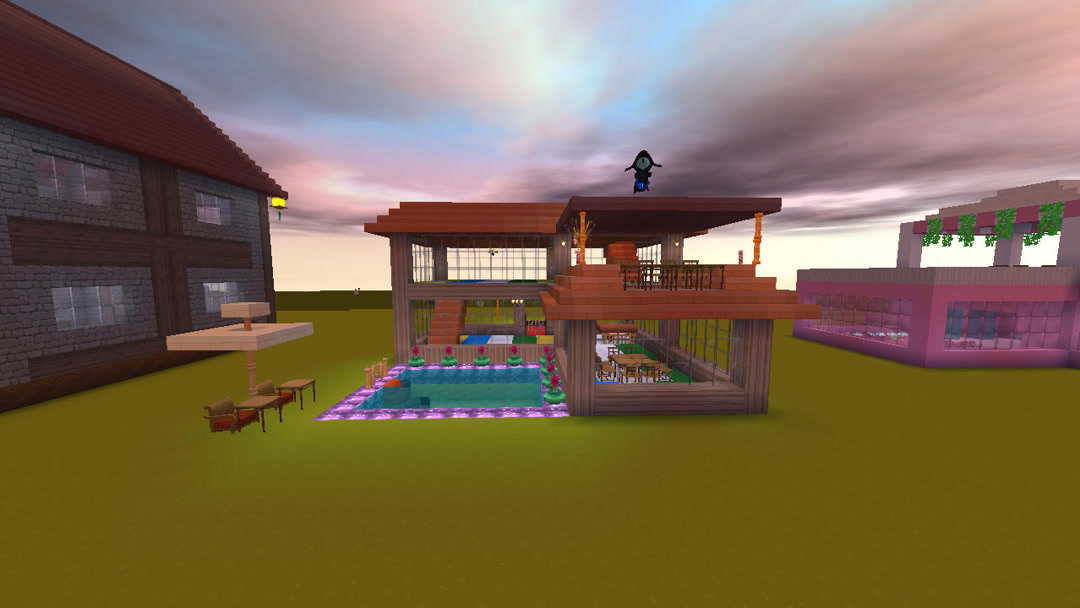 迷你世界建造比赛2:带泳池的二层小别墅,还有黄金建造的泳池