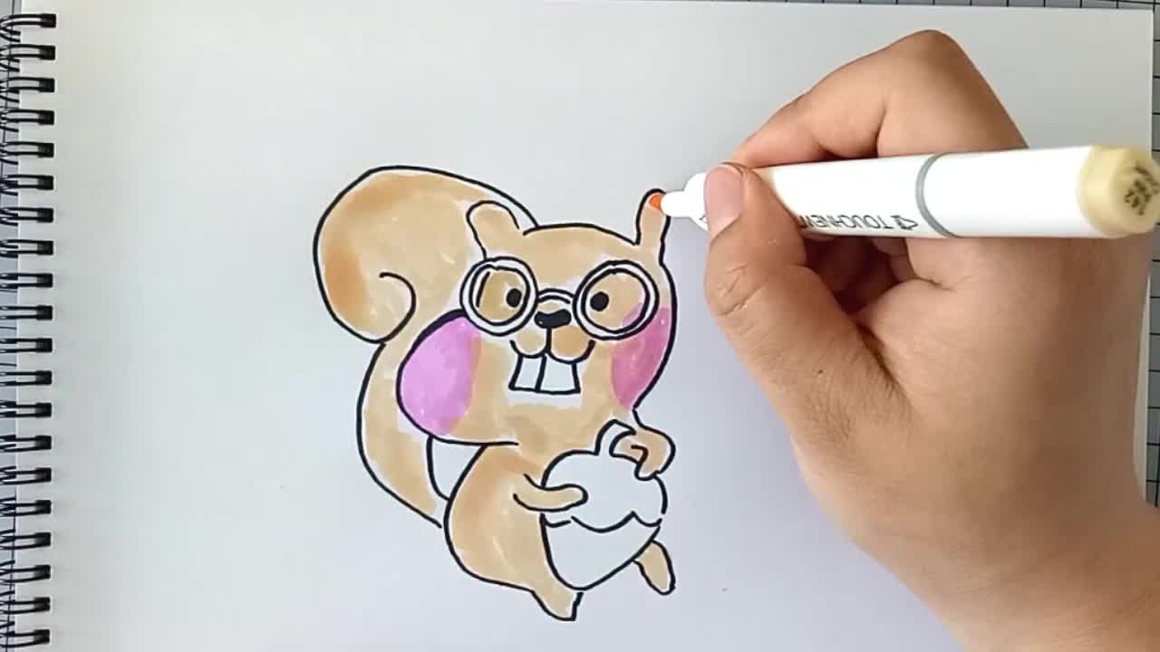 教小朋友如何画一只抱着坚果的松鼠卡通亲子简笔画