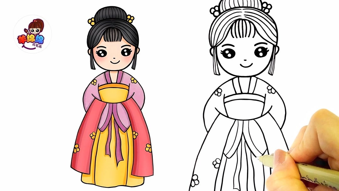 超美的汉服女孩简笔画,一学就会,快来试试吧!