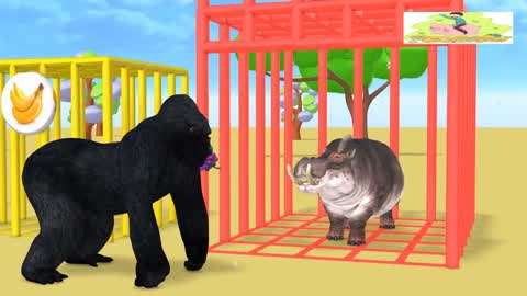 儿童卡通片:黑色大猩猩给小动物们喂食水果