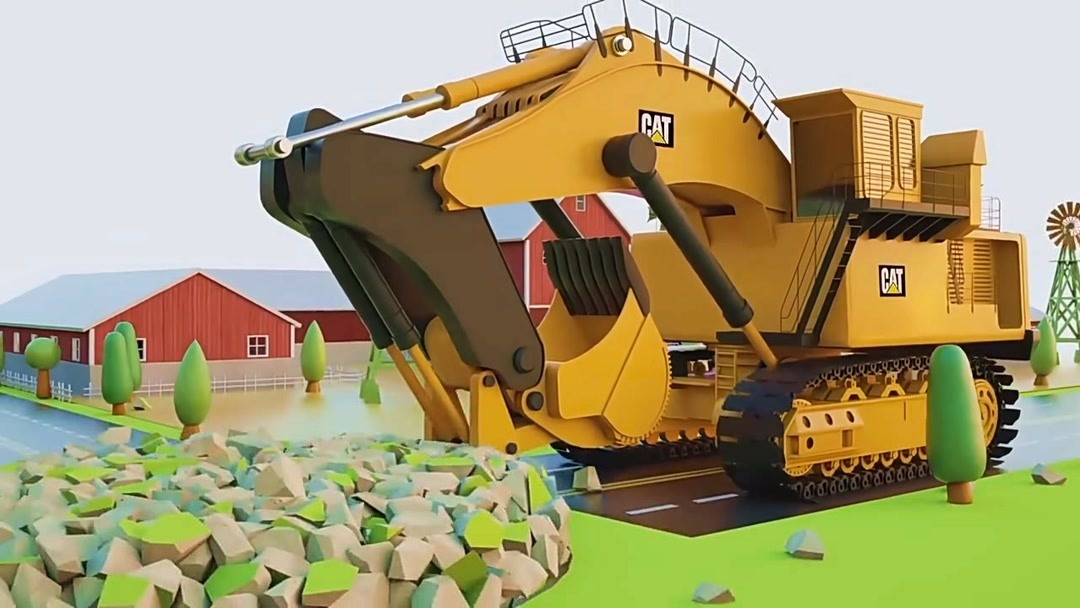 大吊车挖土车运输车建设喷泉水池儿童动画片