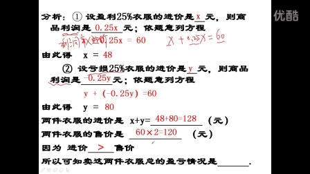 销售中的盈亏例题 实际问题与一元一次方程