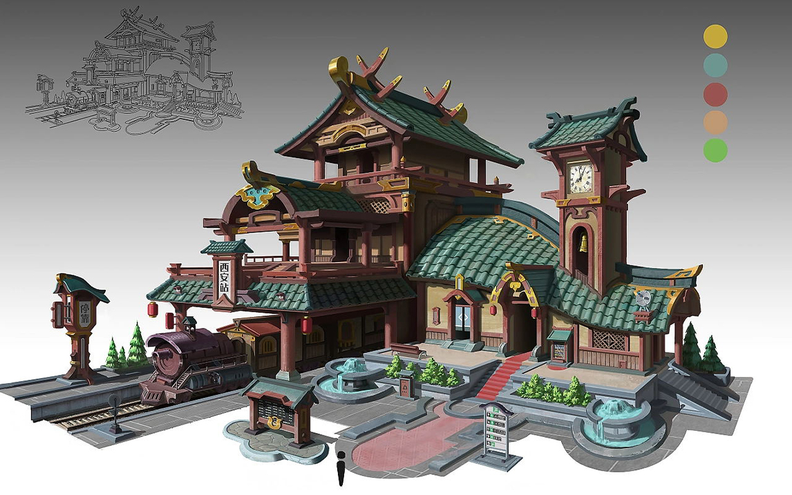 【3dmax场景建模】古风火车站场景模型制作,零基础也能看懂的建筑...