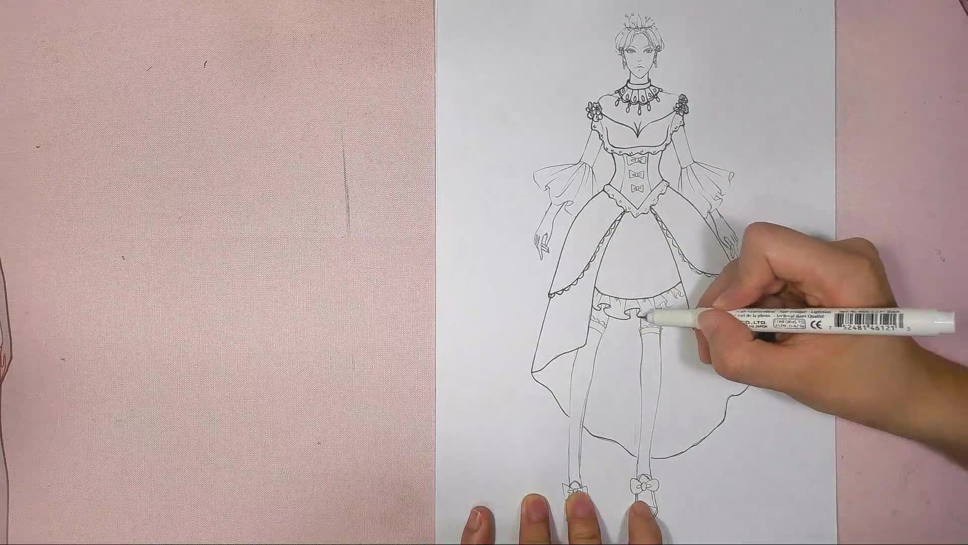 服装设计手绘学习:洛丽塔勾线过程绘画