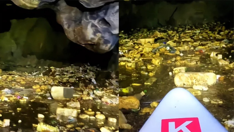 旅友进溶洞游玩,竟发现水中漂浮大量垃圾,网友:现实版江河日上