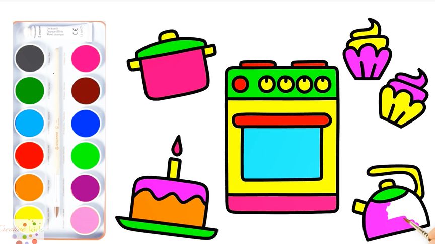 早教育儿简笔画,跟宝宝一起画厨房做蛋糕装备玩具