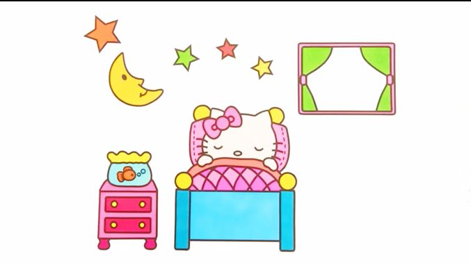 少儿绘画 简笔画 Kitty猫睡觉了 床头还放着个鱼缸