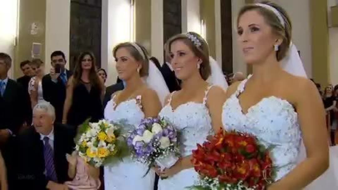 巴西三胞胎姐妹举行集体婚礼 新郎们担忧认错新娘