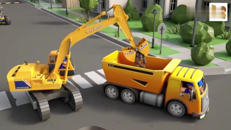 工程车动画片,铲车、迷你挖掘机、翻斗卡车、钻井机修复马路