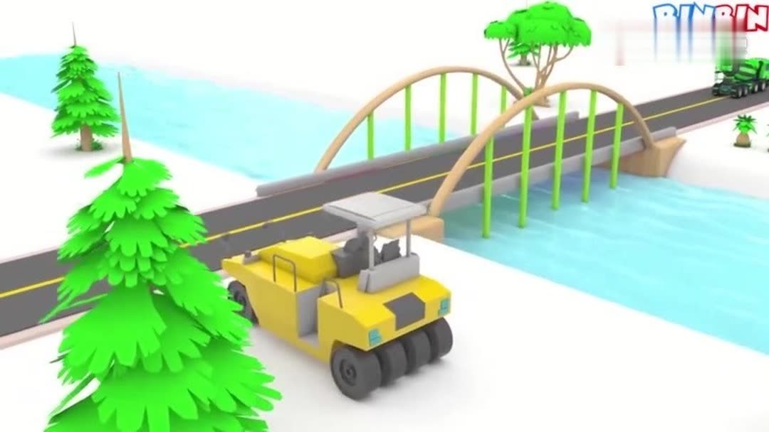 工程车铺好大桥的路面,儿童英语动画片