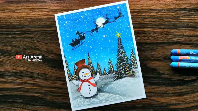 油画棒绘画视频,一步步绘制圣诞节雪人