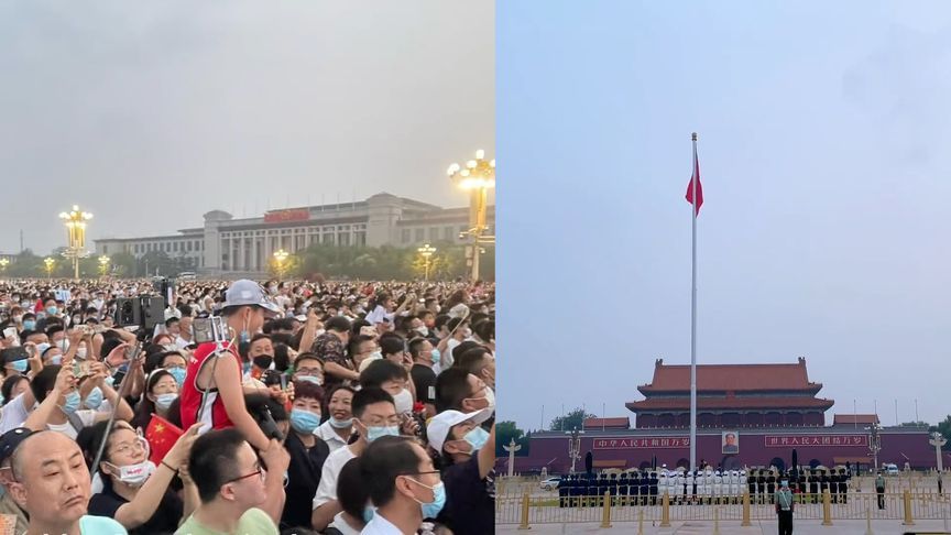 建军节女子凌晨排队观看升旗仪式,国歌响起众人齐唱现场庄严肃穆