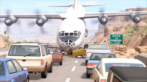 Beamng:民航客机高速撞向马路上的一排的汽车,瞬间毁灭性爆炸!
