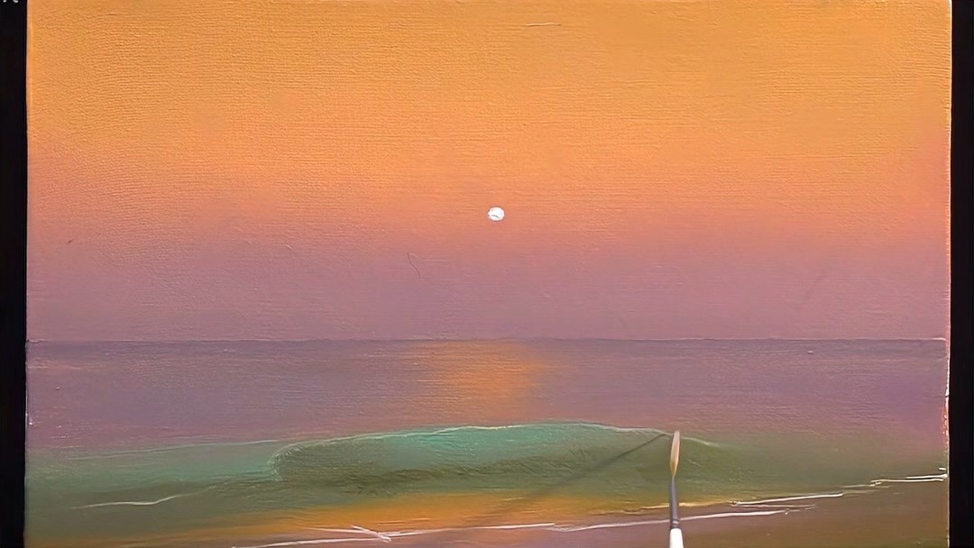 丙烯画欣赏—海上风景—如何绘画海面 浪花 日落和晚霞