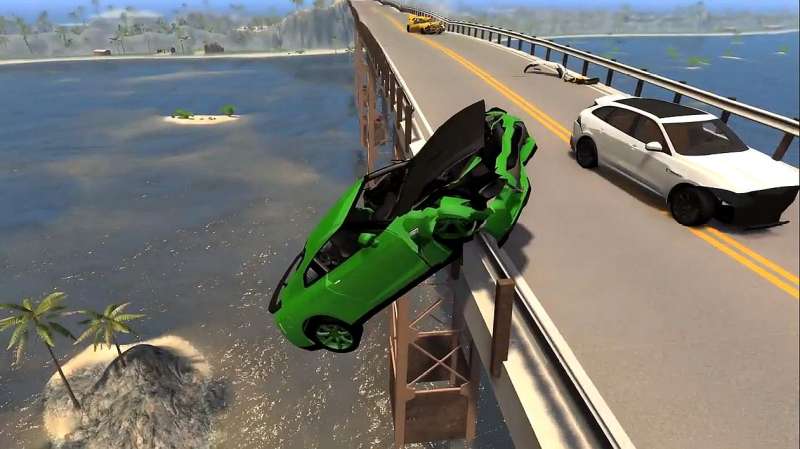 BeamNG:一群小汽车开足马力冲向大桥后压垮桥梁,模拟真实车祸