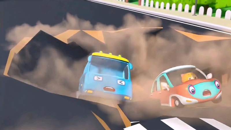 汽车动画:吊车、小汽车在等红绿灯道路发生坍塌还好吊车出面营救