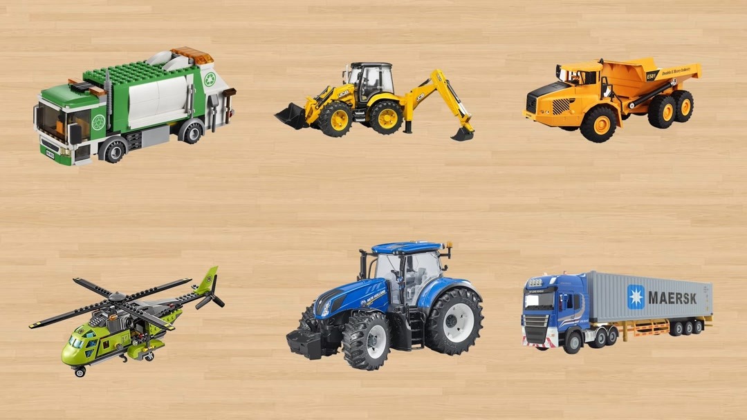 学习认识垃圾车自卸卡车 直升机拖拉机集装箱货车等工程车