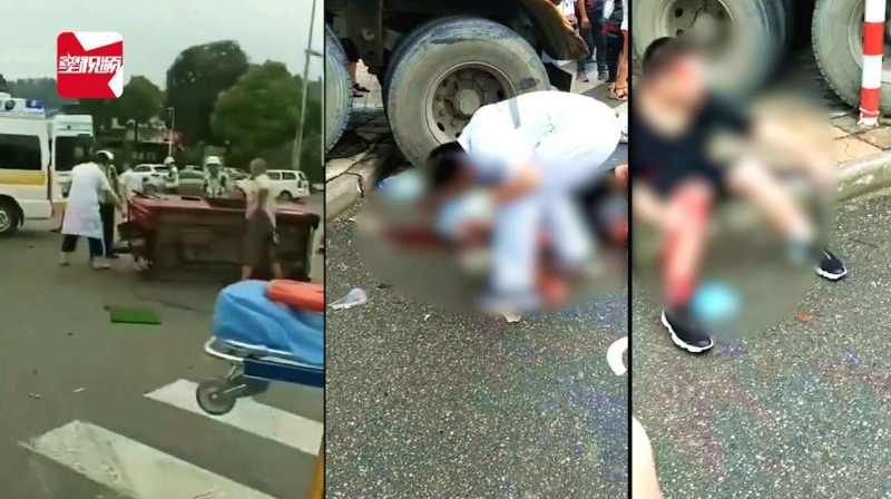 四川发生一起交通事故,三轮车被撞翻满地碎片:1死5伤