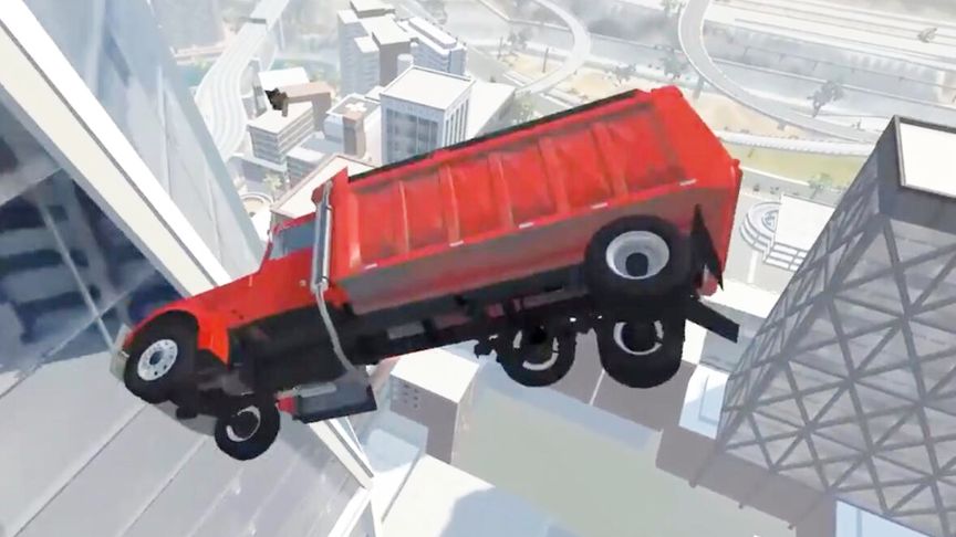 慢镜头观看车辆从高层建筑掉落地面 拟真车祸模拟游戏