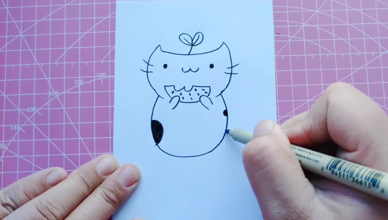 吃西瓜的小猫简笔画,亲子简笔画教学!