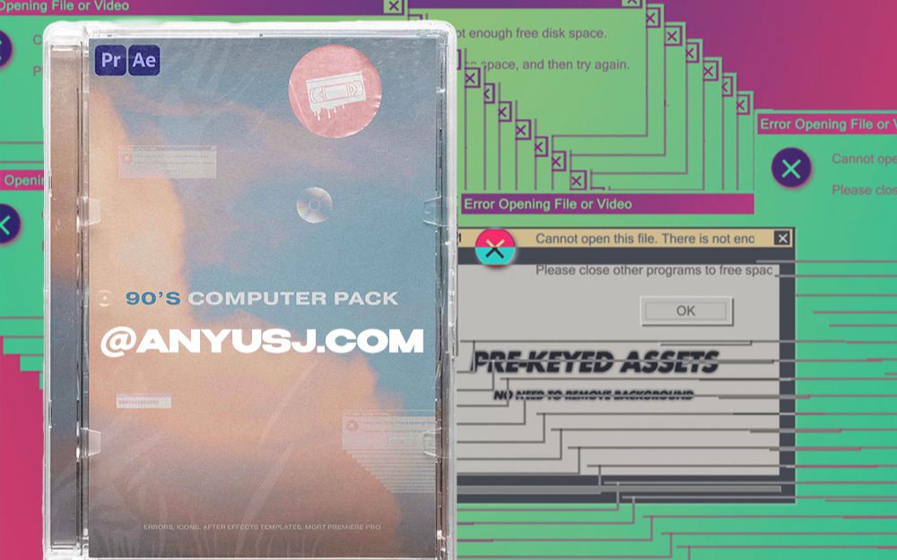 AE模板-90 年代Y2K计算机动画复古Windows电脑窗口编辑包(错误、...