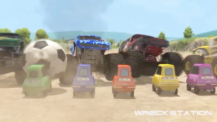 BeamNG:奇葩毁车碰撞实验,怪兽卡车和迷你轿车足球冲撞被碾成渣