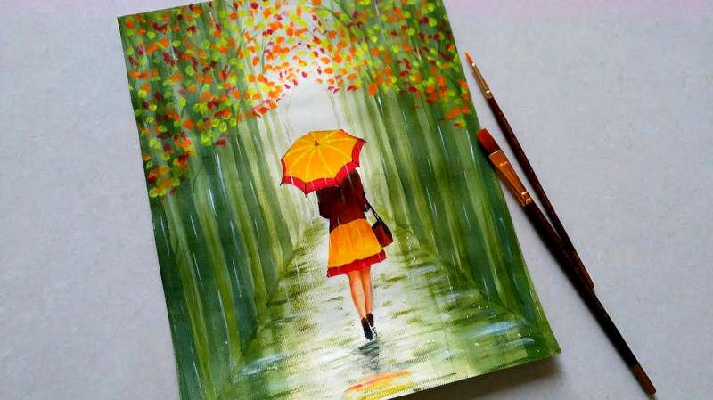 初学者可学的风景绘画视频,一步步绘制下雨天打伞的女孩