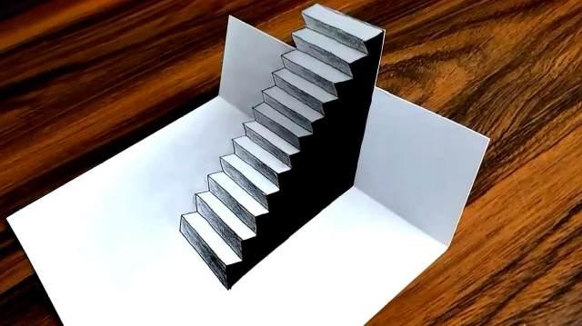 如何在纸上画3D立体画?先看看这个楼梯是怎么画的吧