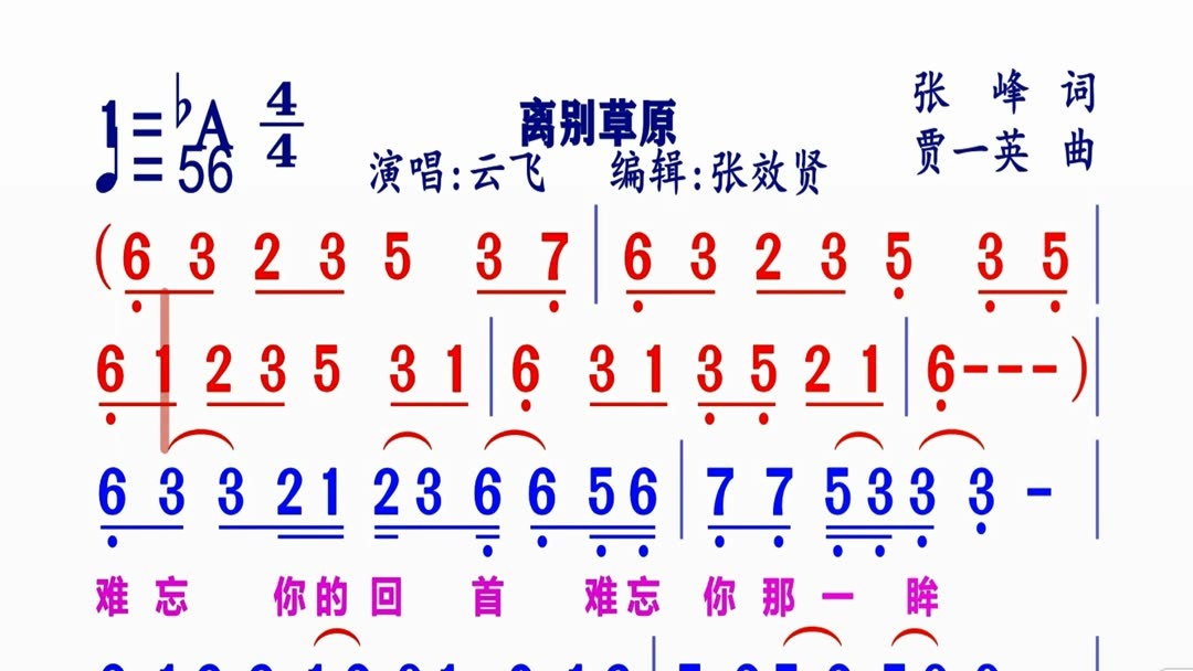 云飞演唱的《离别草原》动态简谱