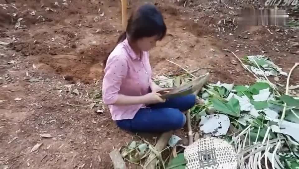 女子体验野外生活,动手编撮箕,这手艺一看就练过。