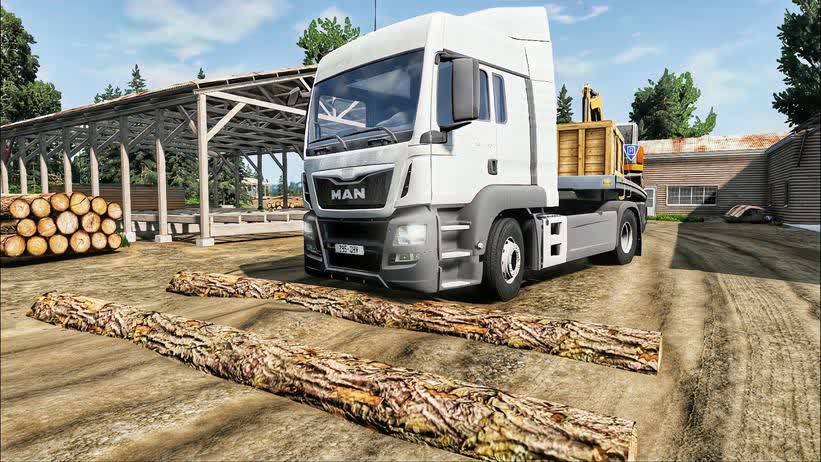 多辆送货卡车和大客车转弯过原木减速带,悬挂画面够酸爽,BeamNG